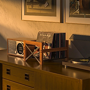 X-cosrack Vinyl Record Holder,Fits 7” -12” Records,Store Up to 100Albums,DVDs,or CDs-Wood Book Storage Stand,File Folder Racks,Modern Design,Brown