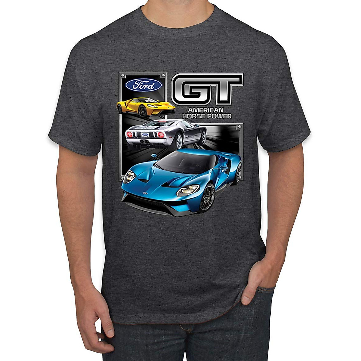 Ford GT American Horse Power Mustang Cars and Trucks Men's Graphic T-Shirt, Heather Black, Large
