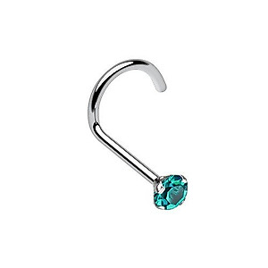 Prong Set Gem Top Steel Nose Screw Ring (20 GA, Length: 7mm, Ball Size: 2mm, Teal)