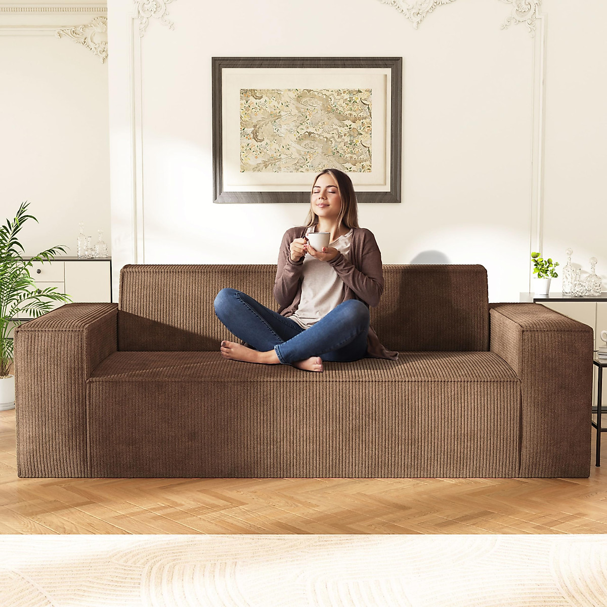 Swbvs Sofa-in-a-Box, Memory Foam 2 Seater Sofa Couch, No Installation & Easy to Move, Modern Living Room Sofa Couch with Corduroy Fabric,Small Love Seat Sofa for Bedroom Apartment Home Office,Brown