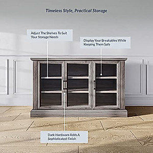 BELLEZE Sideboard Buffet Cabinet, 55” Entertainment Center Modern Wood Glass-Buffet-Sideboard with Storage Cabinet Console Table Adjustable Shelves for Dinning Room Living Room Hallway, Gray Wash