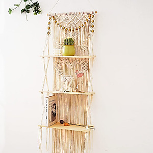 Macrame Wall Hanging Shelf with Enhanced Solid Wood Shelves and Handmade Macrame to Organize Plants and Decor — 3 Tier Macrame Shelf Wall Hanging Bohemian Decorative Shelves for Kitchen,Home Storage