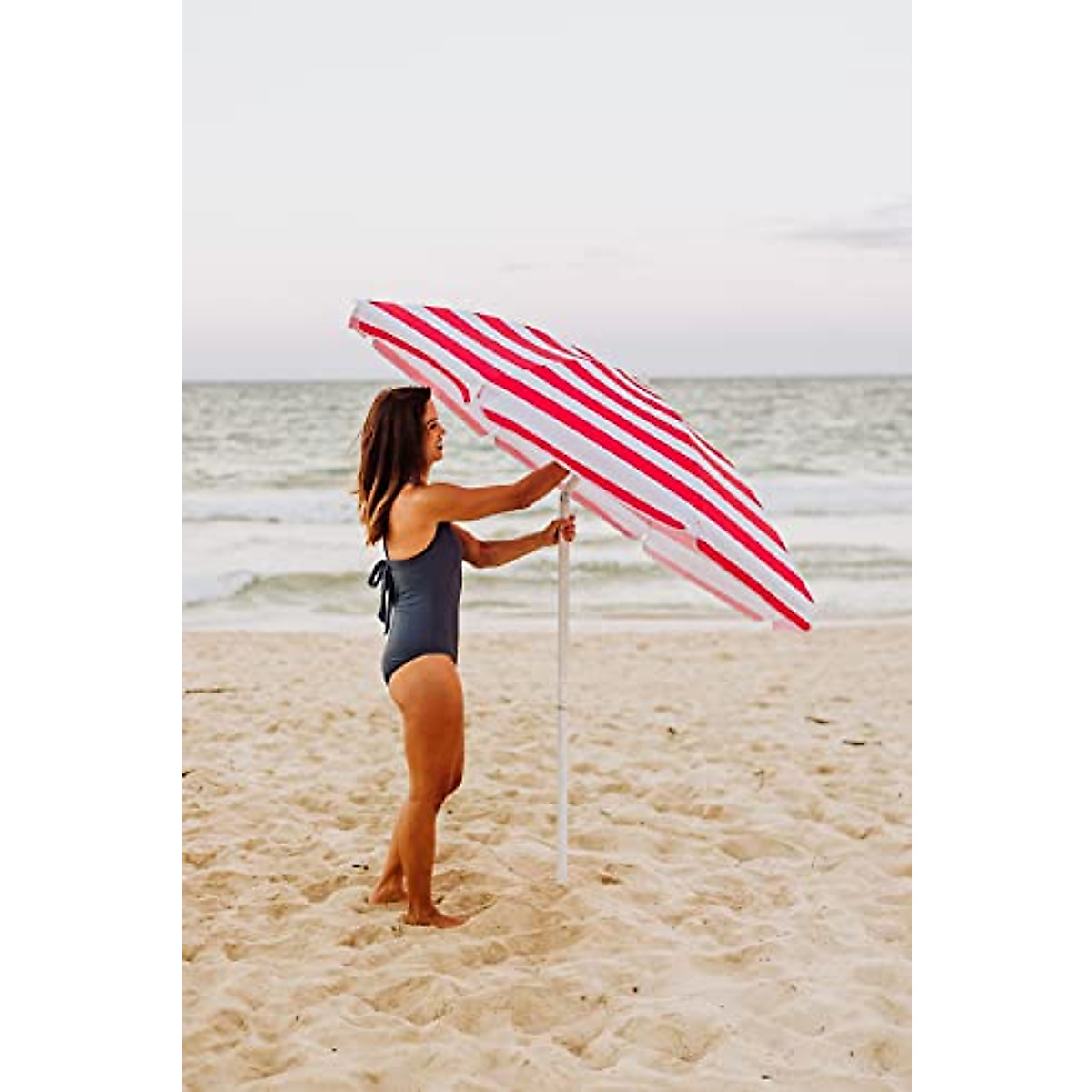 PICNIC TIME ONIVA - a Brand Outdoor Canopy Sunshade Beach Umbrella 5.5' - Small Patio Umbrella - Beach Chair Umbrella,Red & White Cabana Stripe,822-00-336-000-0