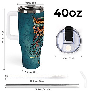 Niapessel Leak Proof Tumbler, Insulated Water Bottles with Straw, Owl Ethnic Insulated Cup with Handle 40 Oz Stainless Steel Flask for School, Travel, Car, Sports, Work