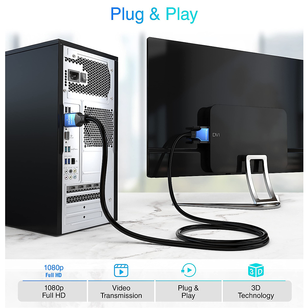BlueRigger HDMI to DVI Cable (6FT, High-Speed, Bi-Directional Adapter Male to Male, DVI-D 24+1, 1080p, Aluminum Shell) - Compatible with Raspberry Pi, Roku, Xbox One, PS5/PS4/PS3, Graphics Card