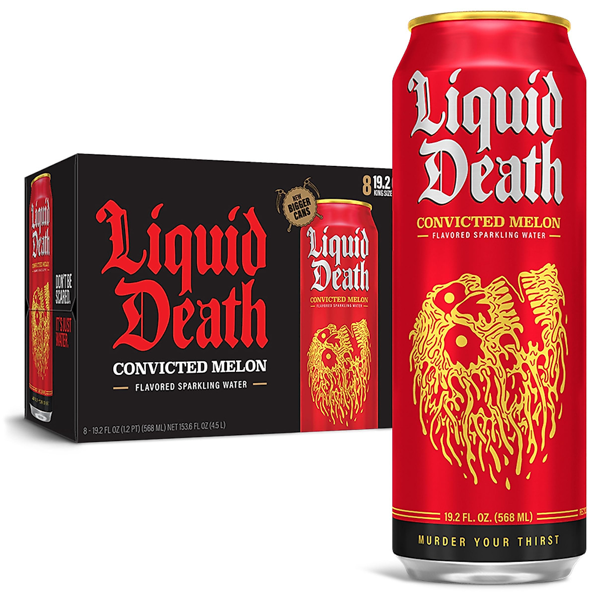 Liquid Death, Convicted Melon Sparkling Water, Watermelon Flavored Sparkling Beverage Sweetened With Real Agave, Low Calorie & Low Sugar, 8-Pack (King Size 19.2oz Cans)