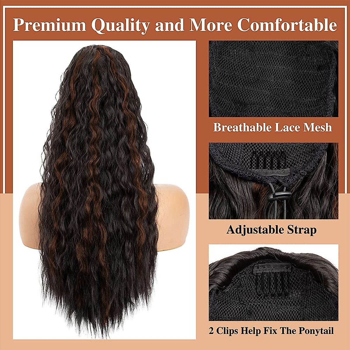 MOTEFOUS Long Wavy Drawstring Ponytail Extension Synthetic Natural Black Curly Wavy Ponytail Hairpieces for Women 24 INCH Wavy Drawstring Ponytail for Black Women （1B）