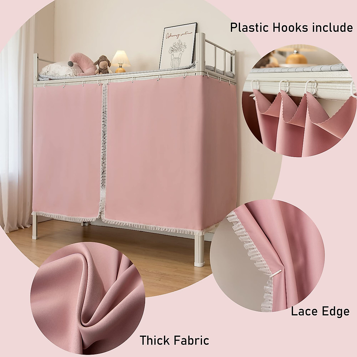 Cniuyhi Elegant Blackout Bottom Bunk Bed Curtain with Lace for Girls' Adult’s Bedroom 2 Panels, Pink