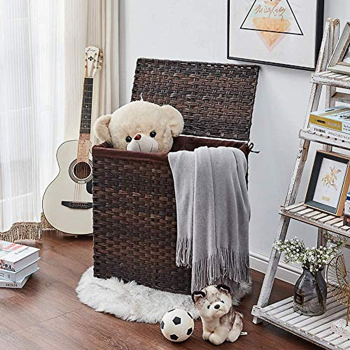 Divided Double Laundry Hamper with Lid, Synthetic Rattan Handwoven Clothes Hamper with Lid and Handles, Foldable, Removable Liner Bag, Brown