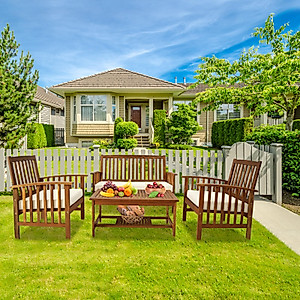 VINGLI Outdoor Patio Furniture, 4 Piece Acacia Wood Sofa Set w/Coffee Table, Patio Table and Chairs Set, Outdoor Patio Lounge Conversation Set for Deck, Backyard, Balcony