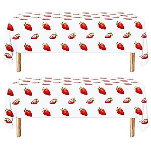 Tegeme Strawberry Tablecloth Birthday Party Decorations Strawberry Tablecovers Plastic Tablecloth for Party Berry First Birthday Baby Shower Decor, 51 x 87 Inch(2 Pieces)
