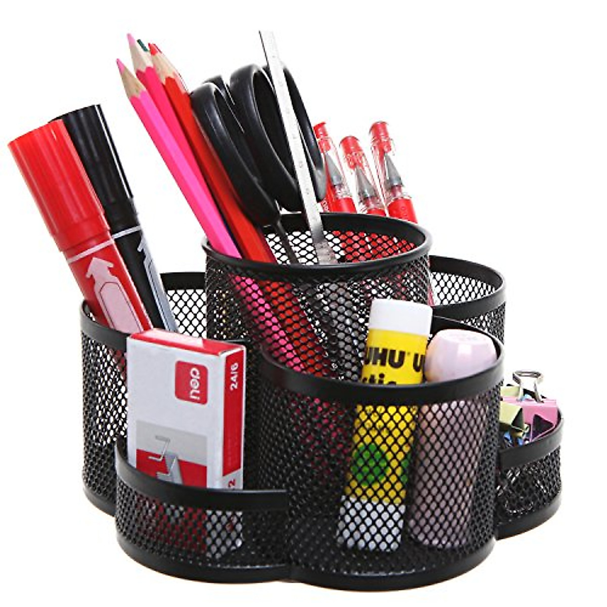 MyGift Rotating Black Metal Mesh Desktop Organizer, 7 Compartment Office Desk Supplies and Stationery Storage Caddy