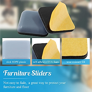 Suiwotin 24pcs 1" (25mm) Self-Adhesive Furniture Sliders, Square Chair Leg Floor Protectors, Self-Stick Furniture Movers for Kitchen Appliance (Gray/Black)