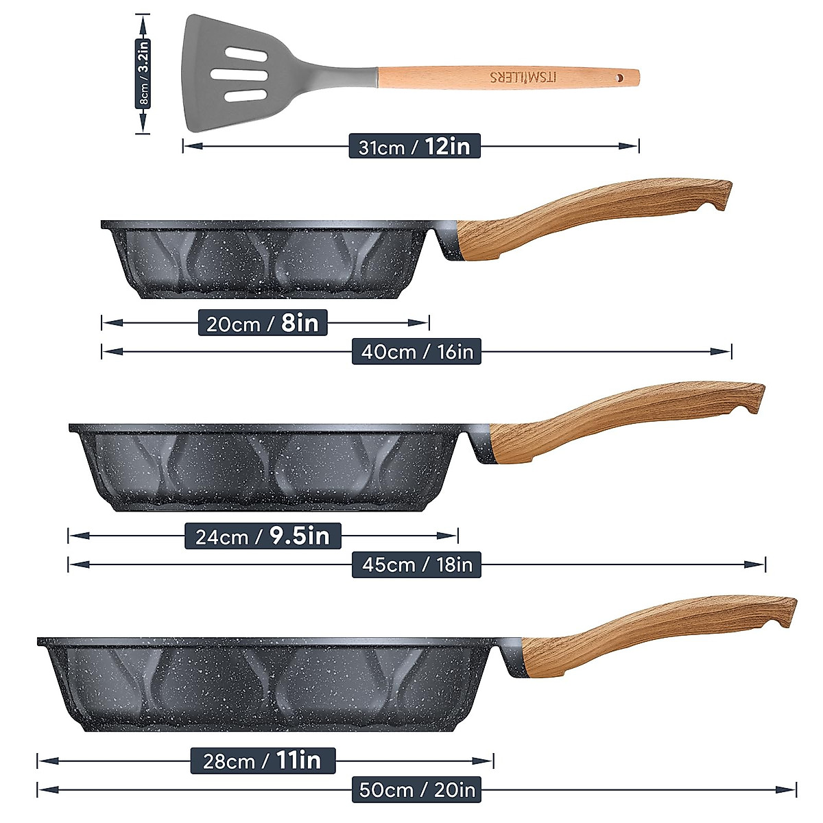 ITSMILLERS Non-stick 3 Pcs Die-cast Deep Frying Pan Set Skillet Set Egg Omelette Pan, Induction Bottom with Silicone Spatula, PFOA Free