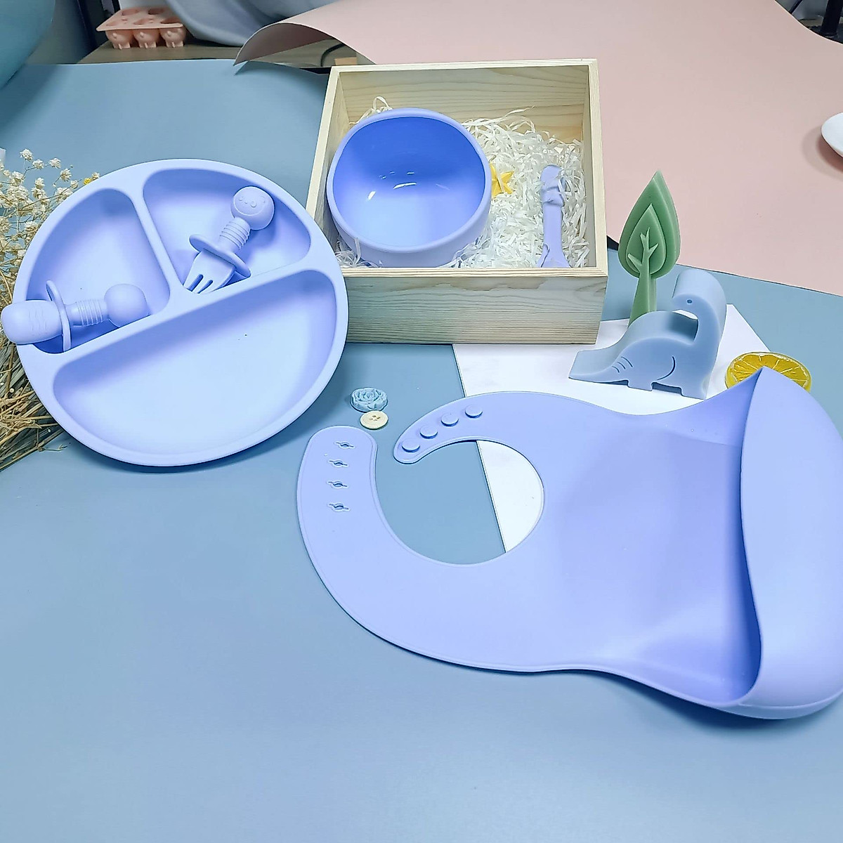 Silicone Baby Plate Feeding Bowl Set 6 Pack Feeding Supplies For Toddler Utensils Silicone Feeding Set With Bib, Spoons, Bowl, Baby Plate Dishwasher-safe Feeding Kit (set-red)