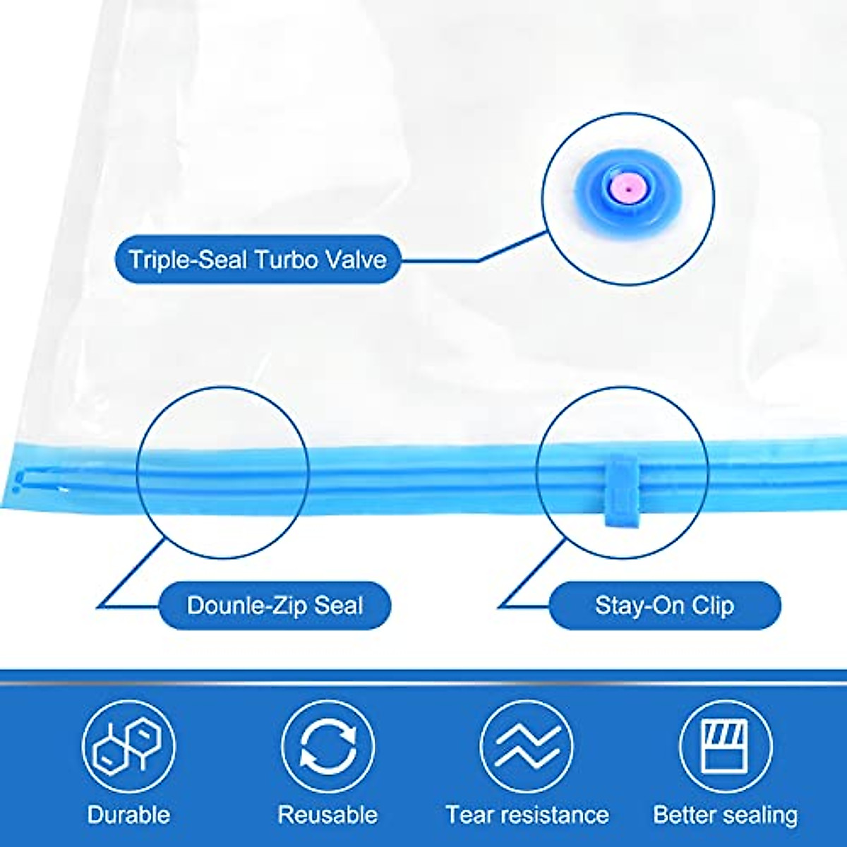 MecTo Vacuum Storage Bags 6 Pack Jumbo Space Saver Vacuum Storage Bags, Reusable Ziplock Vacuum Sealer Bags for Clothing, Comforter, Pillow, Blankets, Bedding, Travel, Hand Pump Included