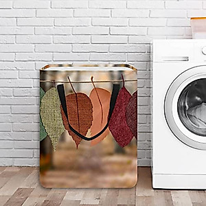 Leaves Hang on Rope Print Collapsible Laundry Hamper, 60L Waterproof Laundry Baskets Washing Bin Clothes Toys Storage for Dorm Bathroom Bedroom