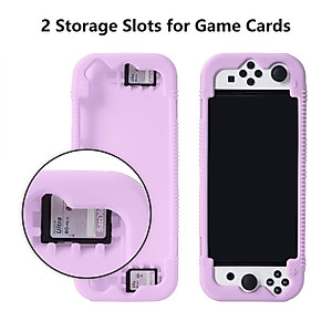 Teyomi Silicone Case for Nintendo Switch OLED with 2 Game Cards Slots, [Kids Friendly] Shockproof Protective Cover with Tempered Glass Screen Protector, Ergonomic Grip Case for Switch OLED, Purple