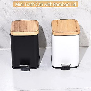 Mini Bathroom Trash Can with Bamboo Lid Soft Close, 0.8 Gal / 3 L Square Step Garbage Container Bin with Removable Inner Wastebasket for Bedroom, Kitchen, Office (Black)