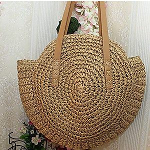 YXQSED Round Woven Bag - Summer Beach Bags Straw Handwoven Singleshoulder with Leather Handles，Zipper（Khaki） L