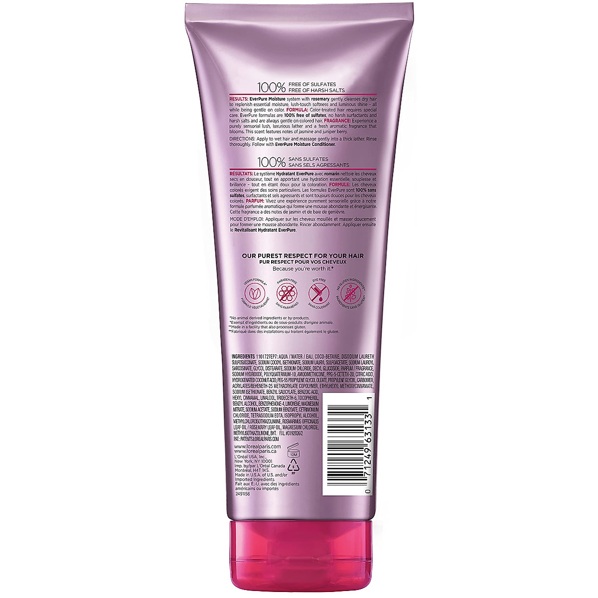 L'Oreal Paris EverPure Moisture Sulfate Free Shampoo, Hair Care for Color-Treated Hair with Rosemary Botanicals, 11 Fl Oz