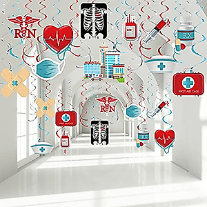 30 Pieces Nurse Party Decoration, Red and Blue Nurse Graduation Foil Ceiling Hanging Swirl Streamers for Medical RN Themed Party Nursing School Party Supplies