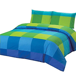 100 Percent Cotton Full/Queen Duvet Cover Set with 2 Pillow Cases, Blue Green Large Checkered Pattern, 200 Threat Count