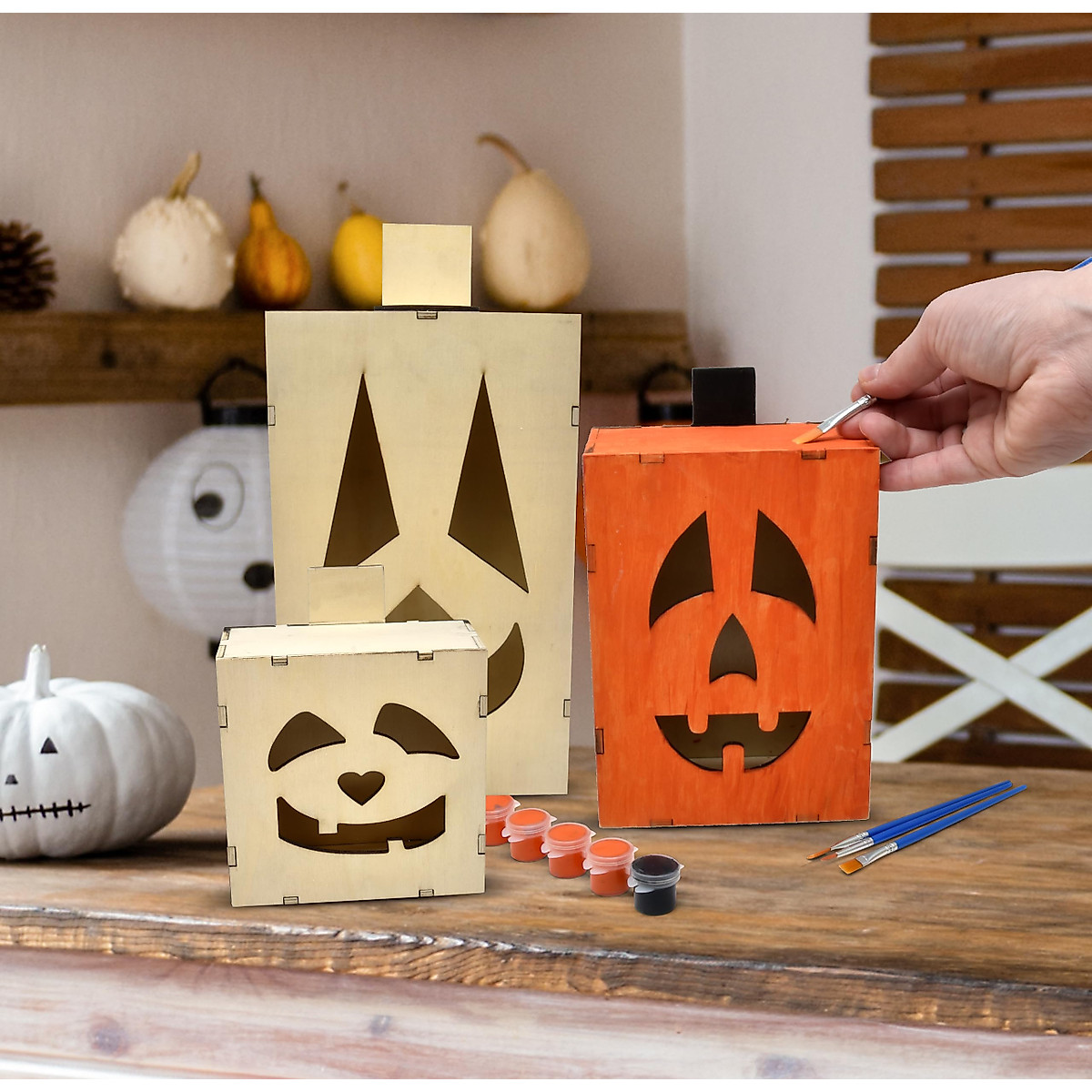 Gift Boutique Halloween Pumpkin Wood Paint Craft Kit 3 Set Sizes Jack O Lantern Unfinished Wooden for Kids Arts & Craft Project Painting Activity