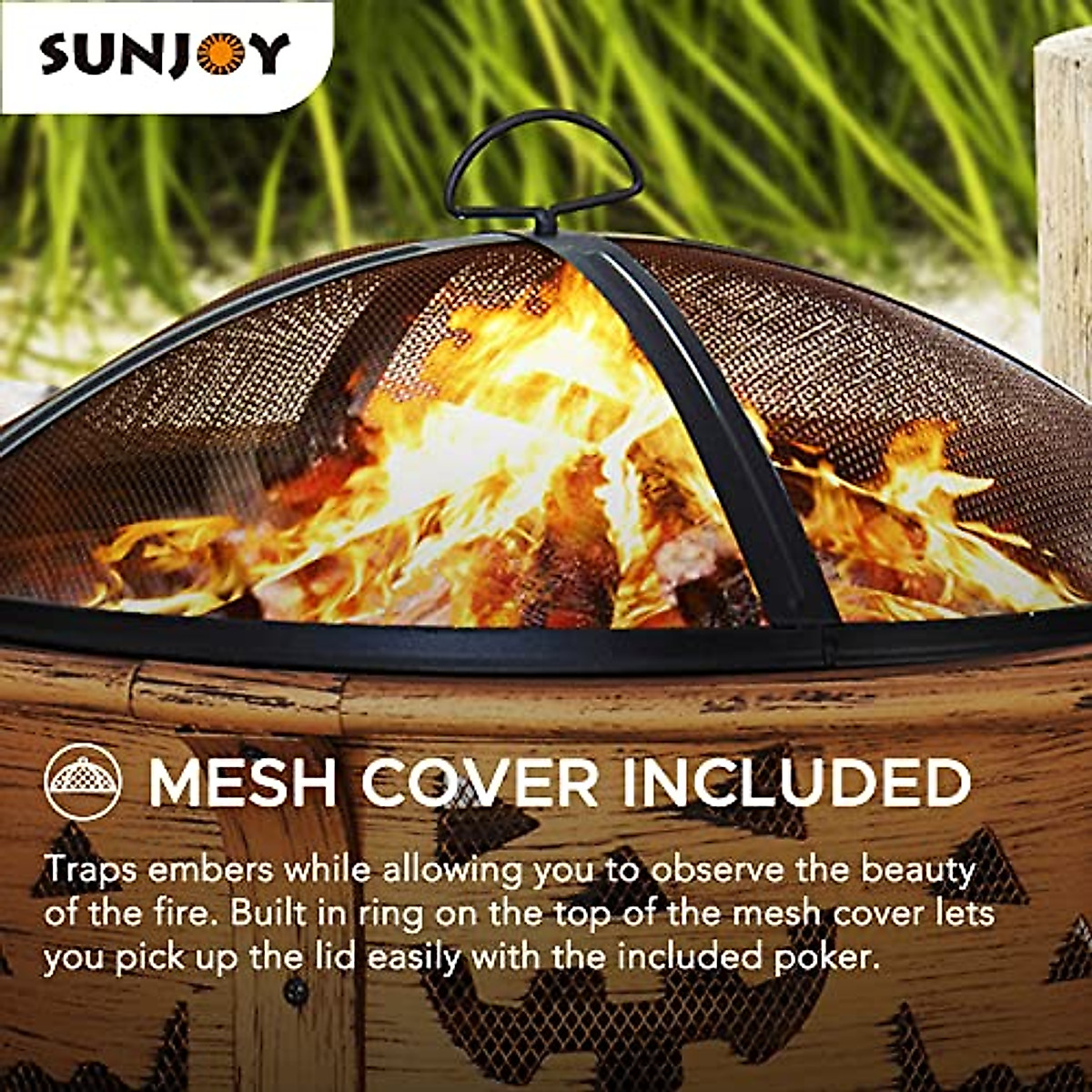 Sunjoy Fire Pit 30 in. Outdoor Wood-Burning Fire Pit, Patio Jack-o-Lantern Motif Round Steel Firepit Large Fire Pits for Outside with Spark Screen and Poker