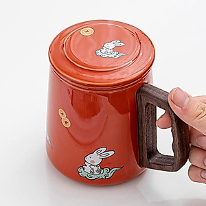 Didiseaon Coffee Tumbler Porcelain Tea Mug with Infuser and Lid Loose Leaf Tea Cup Wood Handle Tea Cup Rabbit Ceramic Mug Drink Cup Tea Infuser Cup for Loose Leaf Tea Bag Coffee Milk Japanese Tea Cups