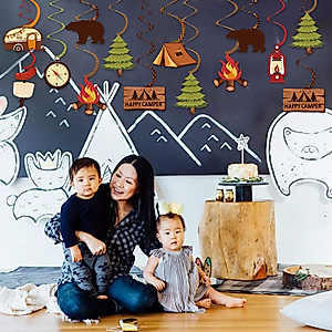Levfla 30CT Happy Camper Party Hanging Swirls Decoration Camping Kids Birthday Photo Props Ideas Tent Cutouts Adventure S'more Whirls Signs Baby Shower Favor Supplies