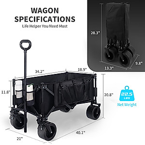 Collapsible Folding Wagon, Beach Wagon Cart Heavy Duty Foldable with Big All-Terrain Beach Wheels for Sand, Collapsible Outdoor/Garden Utility Wagon cart - 220lbs Weight Capacity