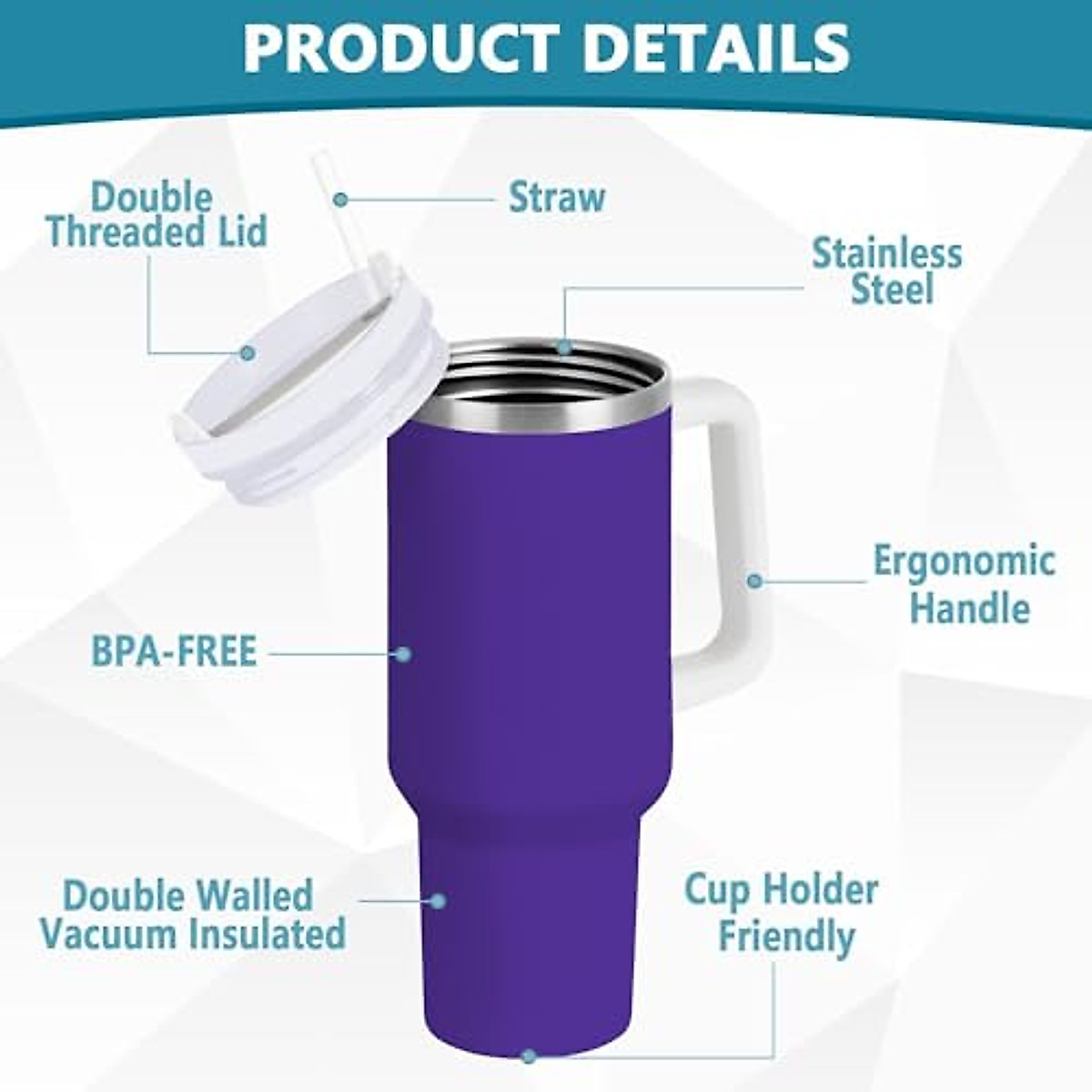 Emelivor Dark Purple 40 oz Tumbler with Lid and Straw Insulated Tumblers with Handle Leak Proof Travel Coffee Mug Water Cup Bottles for Hot and Iced Cold Drinks