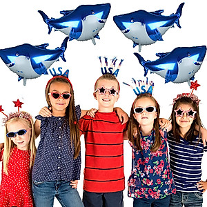 6 PCS Shark Balloons, 38 Inch Large Aluminum Foil Shark Balloon Blue Cute Splash Shark Balloons for Ocean Animal Theme Party Birthday Baby Shower Supplies, Office Hotel Event Decorations