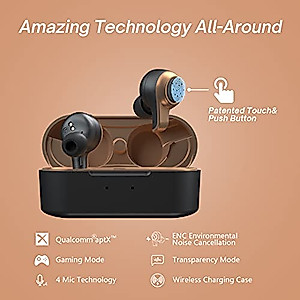 Jabees] Firefly Vintage Bluetooth Wireless Gaming Earbuds - Noise Cancelling Waterproof Headphones with 4 Mic for Call & Music - 40Hr Playtime with Charging Case, Low Latency, aptX, ENC(Bronze)