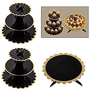 3-Pack Black and Gold Cardboard Cupcake Stand Dessert Tower 3 Tier(2PC) + 1Tier(2PC) Paper Cake Stand