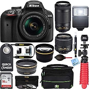 Nikon D3400 24.2MP DSLR Camera w/AF-P 18-55 VR & AF-P DX 70-300mm VR Dual Lens Accessory Bundle - (Renewed) (Black)