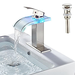 LOOPAN Waterfall Bathroom Faucet LED Light with Pop up Drain, 1 Hole Single Handle Bathroom Faucet Brushed Nickel with 3 Light Changing, Single Hole Deck Mounted Basin Tap Faucet