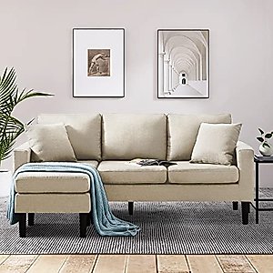 SoarFlash 72” Convertible Sectional Sofa Couch L-Shaped Couch Modern Linen Fabric 3-Seat Sofa Sectional with Reversible Chaise for Office,Living Room/Small Space(Beige)