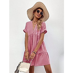 WDIRARA Women's Roll Up Short Sleeve V Neck Ruffle Hem Solid Swing Smock Dress Watermelon Pink M