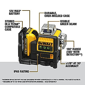DEWALT 12V MAX Laser Level, Green Line Laser, 3-Way, 360 Degree Professional Laser, Cordless/Rechargeable (DW089LG),Yellow