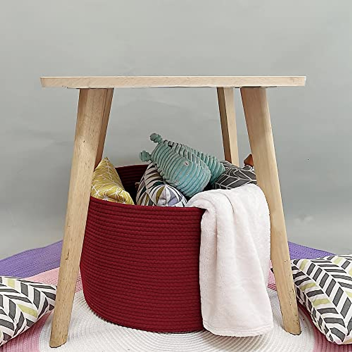ICEBLUE HD XXL Rope Laundry Basket Woven for Toys Blankets,Storage Basket with leather handles 21"X13" -Burgundy
