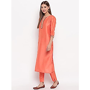 Janasya Indian Women's Peach Poly Silk Kurta with Pant and Dupatta(SET199-KR-NP-S)