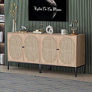 Sideboard Storage Cabinet with Handmade Natural Rattan Doors, Accent Cabinet Rattan Cabinet Buffet Cabinet with Storage, for Living Room, Dining Room, Entryway, Kitchen, Nature