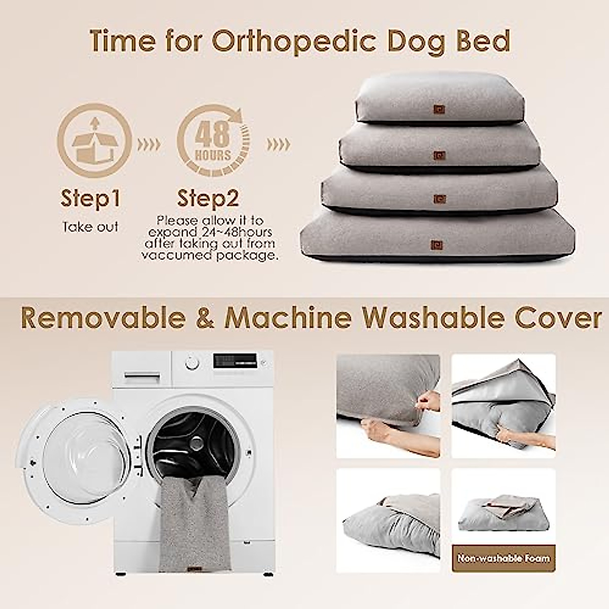 EHEYCIGA Shredded Memory Foam Dog Beds for Large Dogs, Waterproof Orthopedic Large Dog Bed for Crate with Washable Removable Cover, Pet Bed Dog Mattress Dog Pillow with Non-Slipped Bottom, Grey