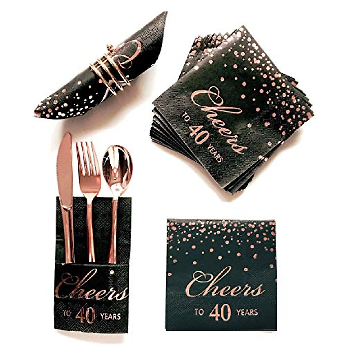 Rose Gold Foil Cocktail Napkins with Cheer 40 Years | Folded 5 x 5 Inches Disposable Party Napkins | 3-Ply Paper Beverage Napkins for 40th Birthday Decorations, Wedding Anniversary, Retirement, Black