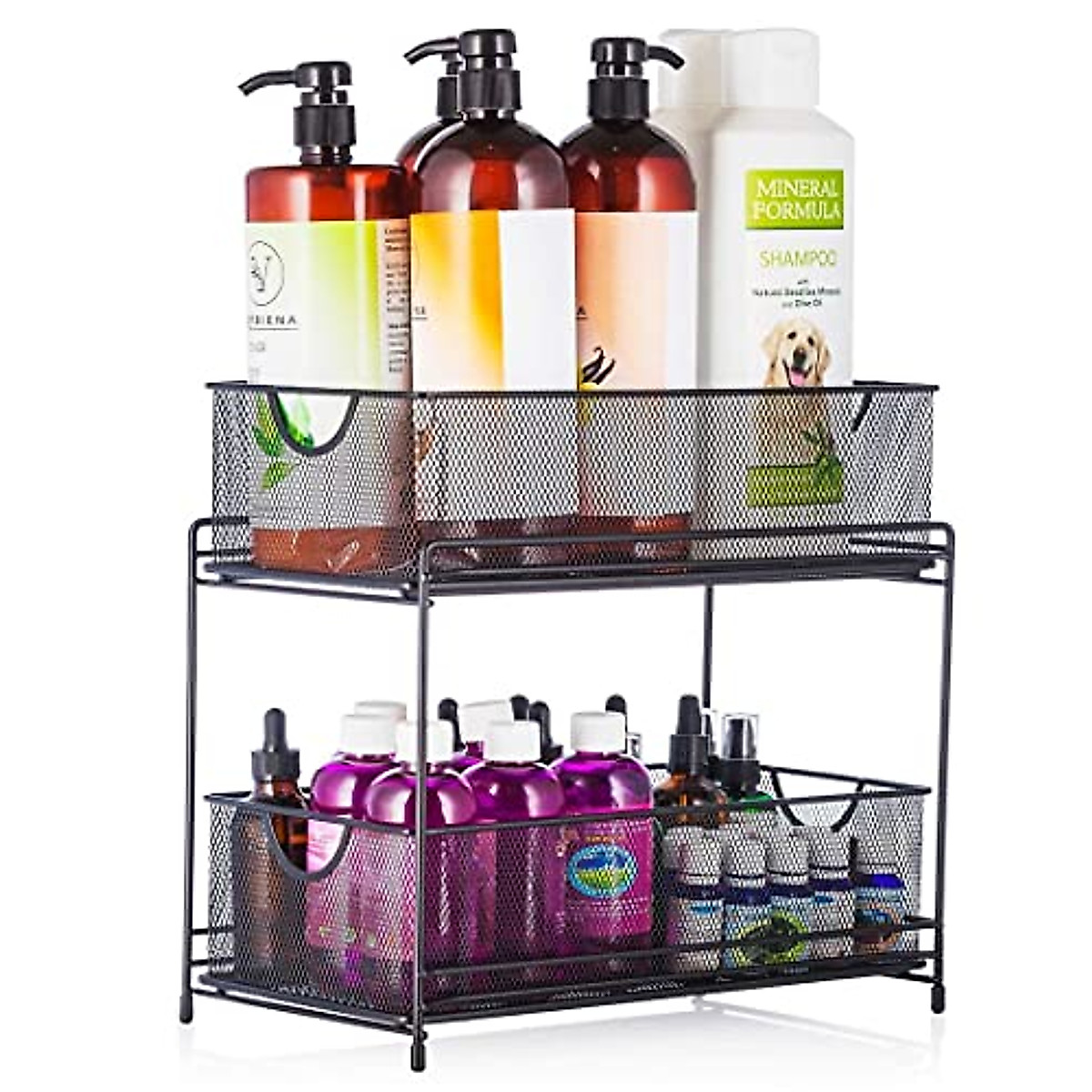 Halter 2-Tier Mesh Sliding Drawer Baskets, Bathroom, Pantry, Storage, Clothing, Cabinet Organizers, 14 by 12.75 by 6.75 Inches, Black