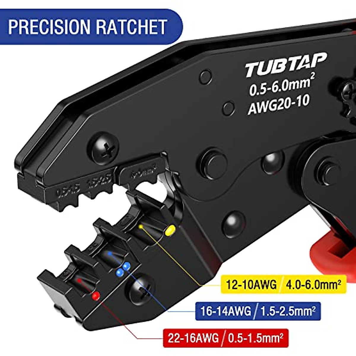 TUBTAP Crimping Tools for Electrical Connectors [AWG 20-10] - Wire Crimpers - Wire Crimping Tool - Ratcheting Wire Crimper for Heat Shrink Wire Connectors and Insulated Nylon Connectors, 0.5-6.0mm²