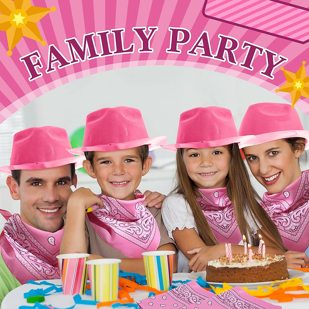 Crowye Western Cowboy Hat Set, 24 Pcs Felt Cowboy Themed Party Hats with 24 Pcs Paisley Bandanas for Adult Kids Cowboy Costume, Pink (One Size, Pink)