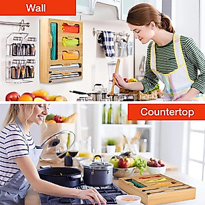 Kitchen Bag Storage Organizer 6 in1 Bamboo Foil and Plastic Wrap Dispenser with Cutter for Kitchen Drawer Suitable for Gallon Quart Sandwich Snack Bag